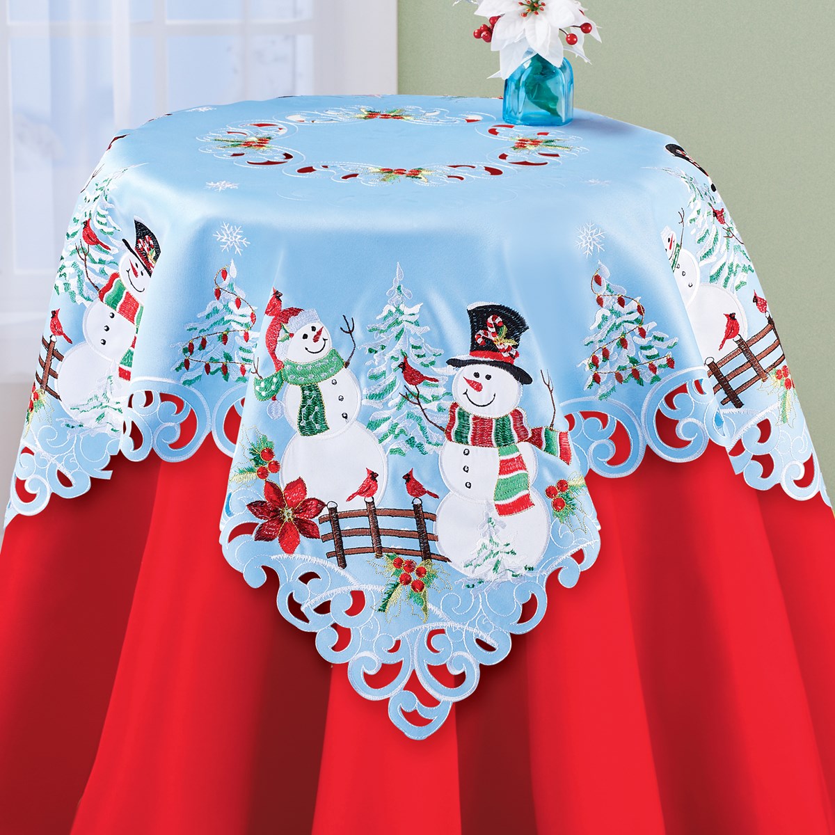Festively Embroidered Winter Snowmen Sky Blue Table Linens ...