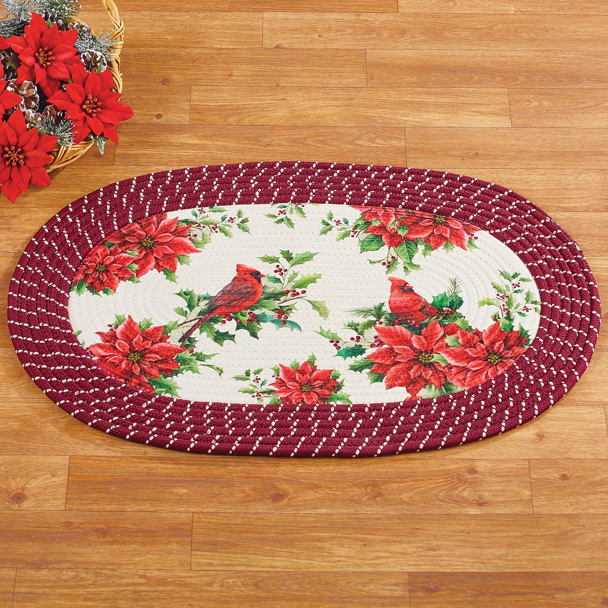 Holiday Cardinal and Poinsettia Oval Braided Accent Rug | Collections Etc.
