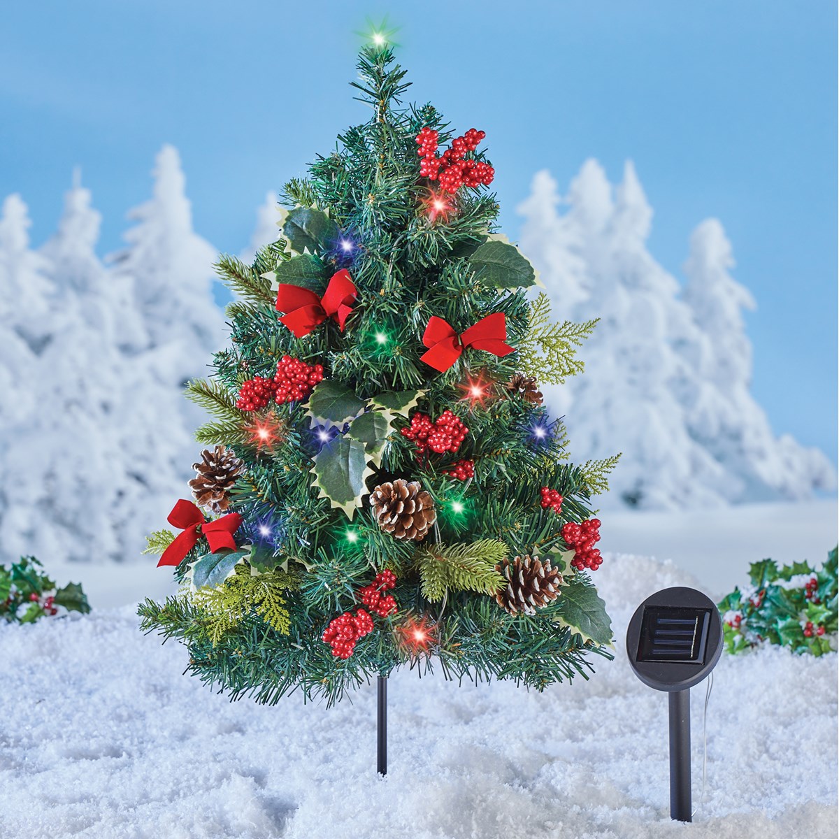 Solar Powered Christmas Tree with Berries Lawn Stakes | Collections Etc.