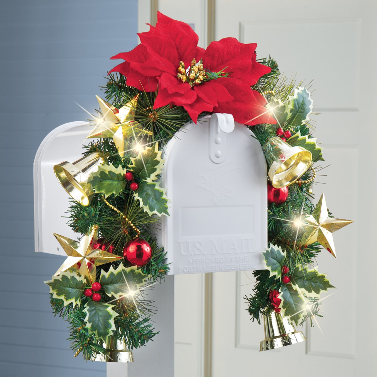 Solar Powered Stars Holly Garland Poinsettia Mailbox Swag | Collections ...