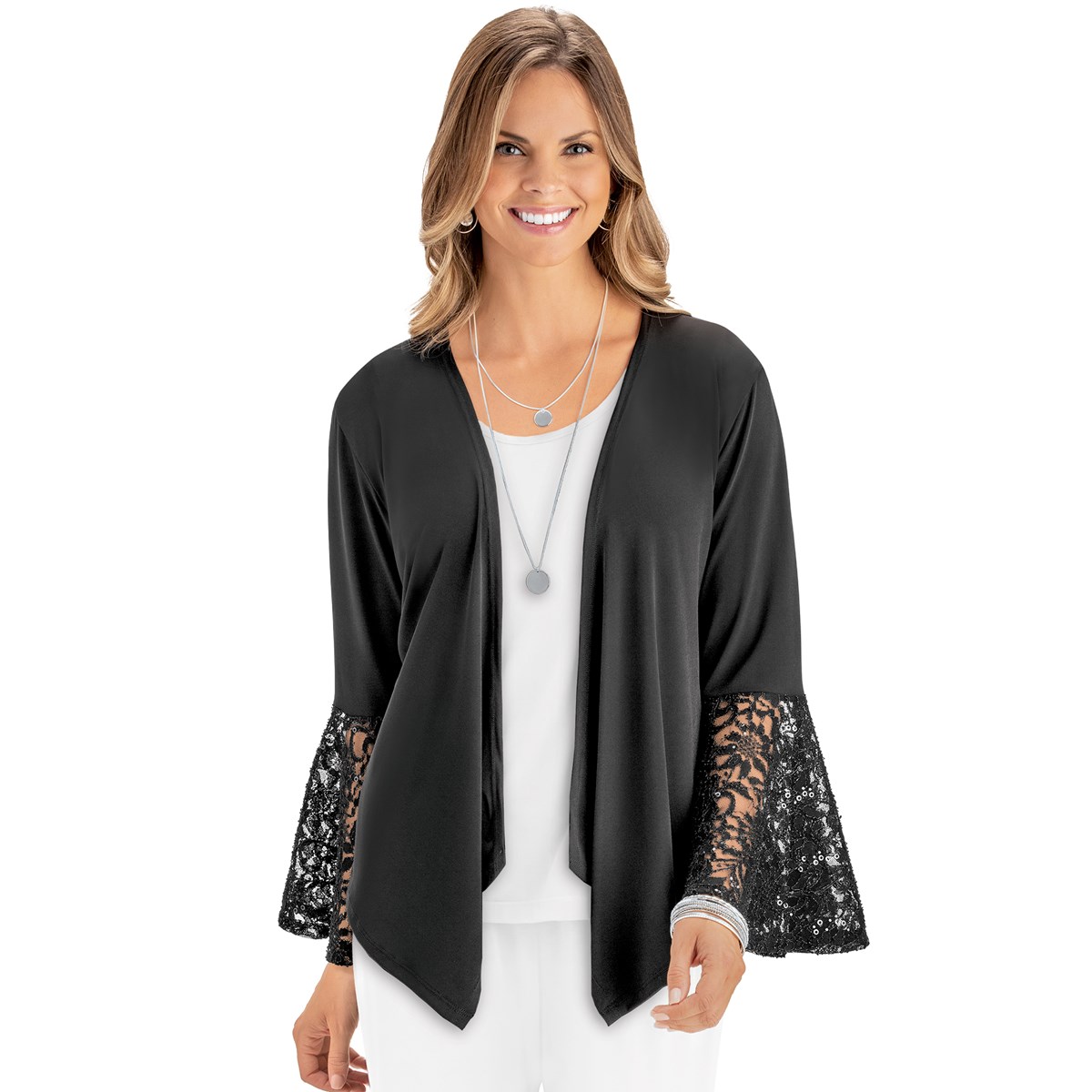 Sequin and Lace Trimmed Front Knit Cardigan Jacket | Collections Etc.