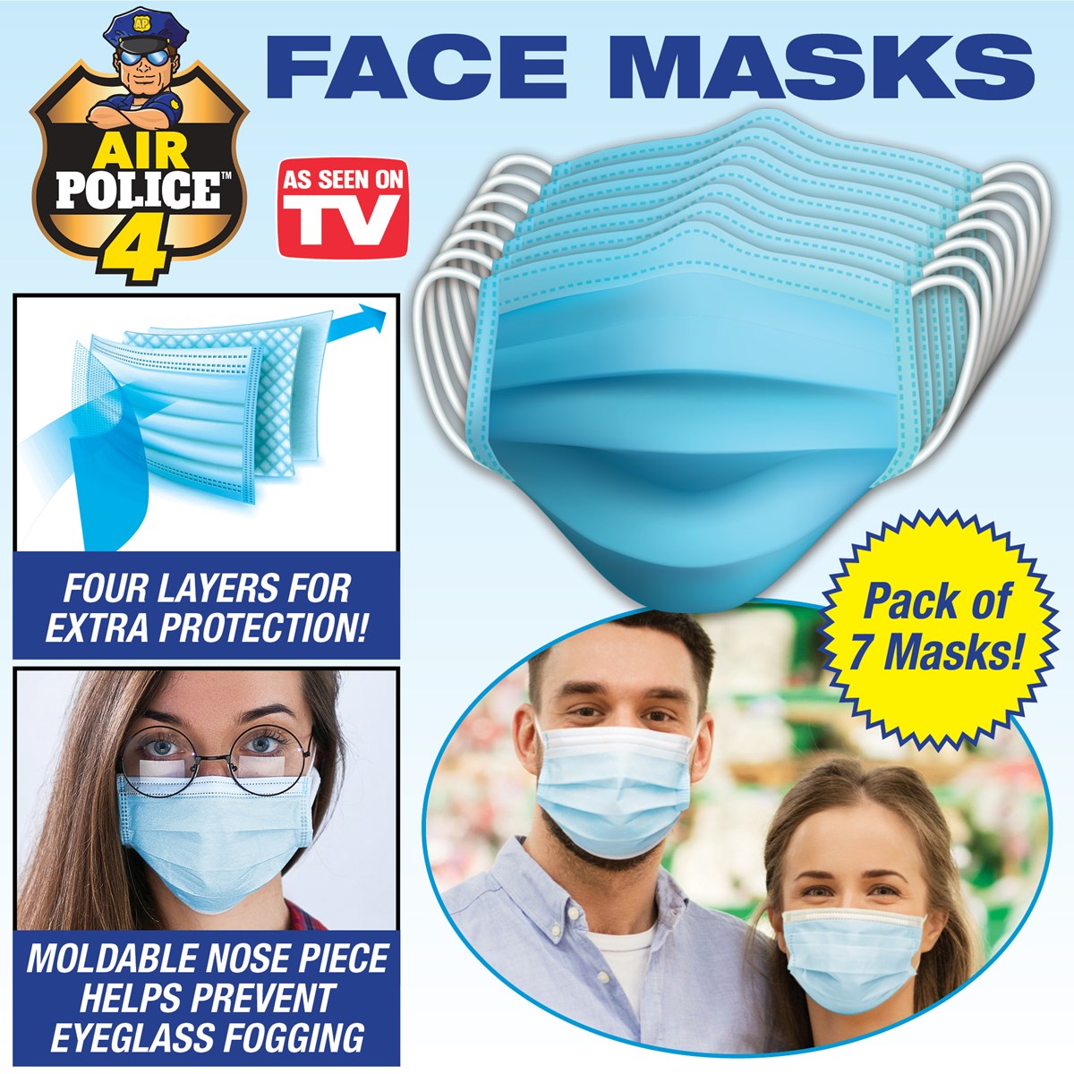 Air Police 4 Layer Nose Molding Face Masks - 7 Pack | Collections Etc.