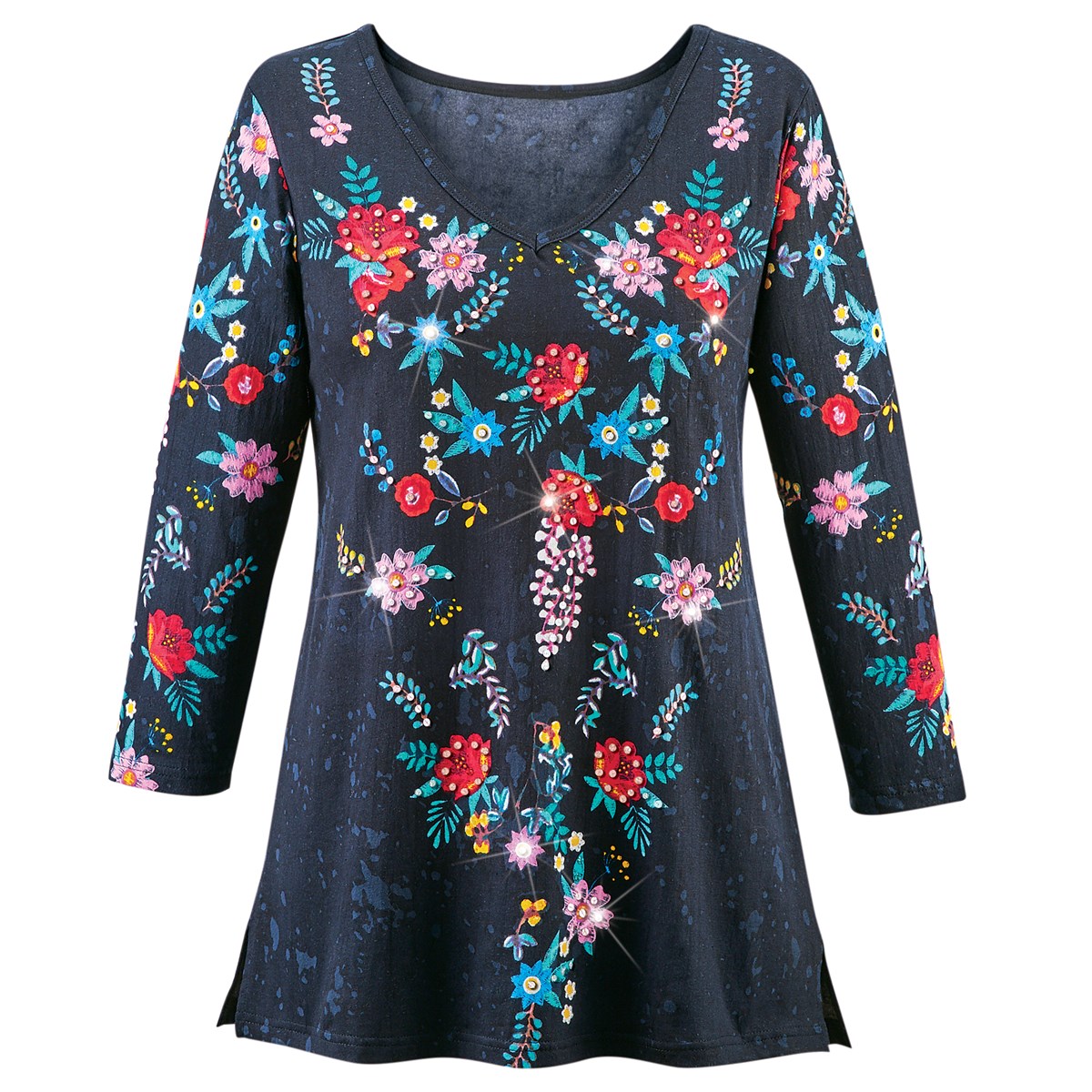 Colorful Floral & Sparkling Sequins Cotton Knit Tunic Top | Collections ...