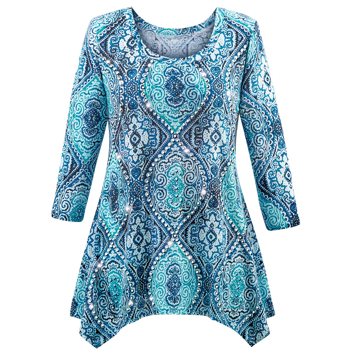 Embellished Blue & Aqua Medallion Sharkbite Tunic Top | Collections Etc.