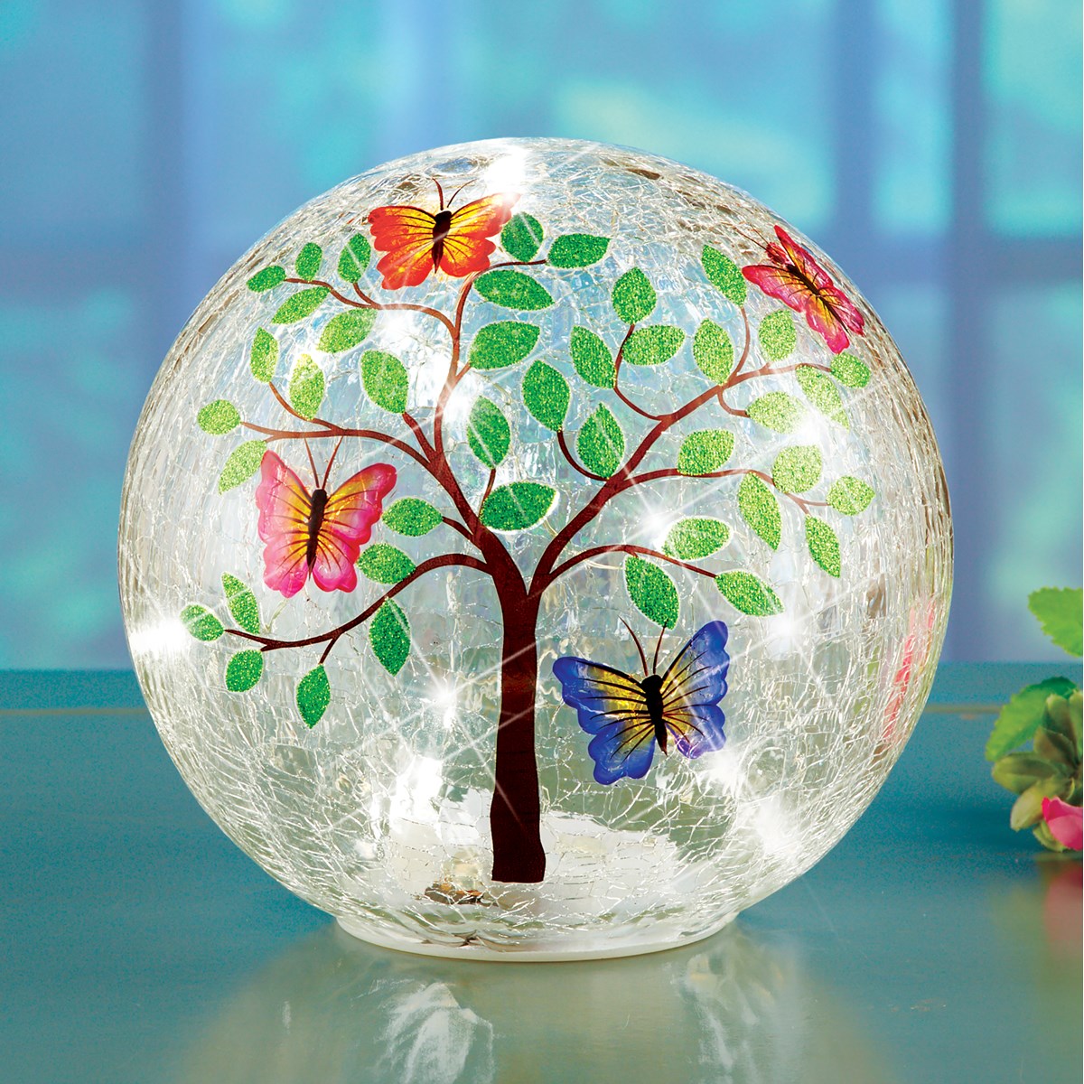 LED Lighted Hand Painted Crackled Glass Butterfly Tree Balls Collections Etc led-lighted-hand-painted-crackled-glass-butterfly-tree-balls-collections-etc