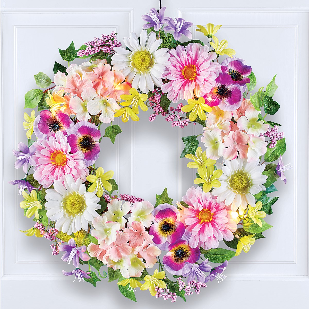 LED Lighted Blooming Daisies & Pansies Garden Wreath | Collections Etc.