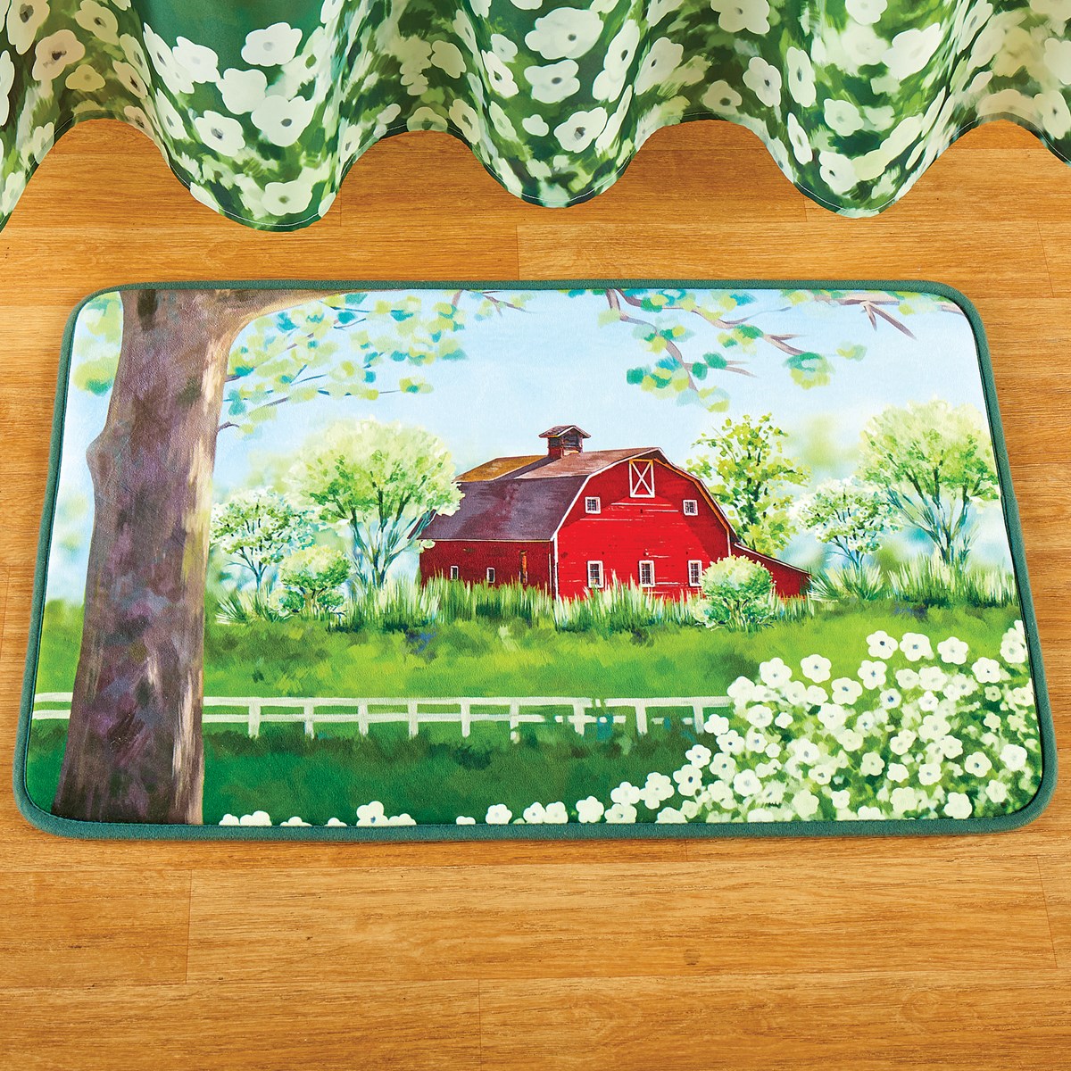White Flower Garden Barn Scene Bathroom Bath Mat | Collections Etc.