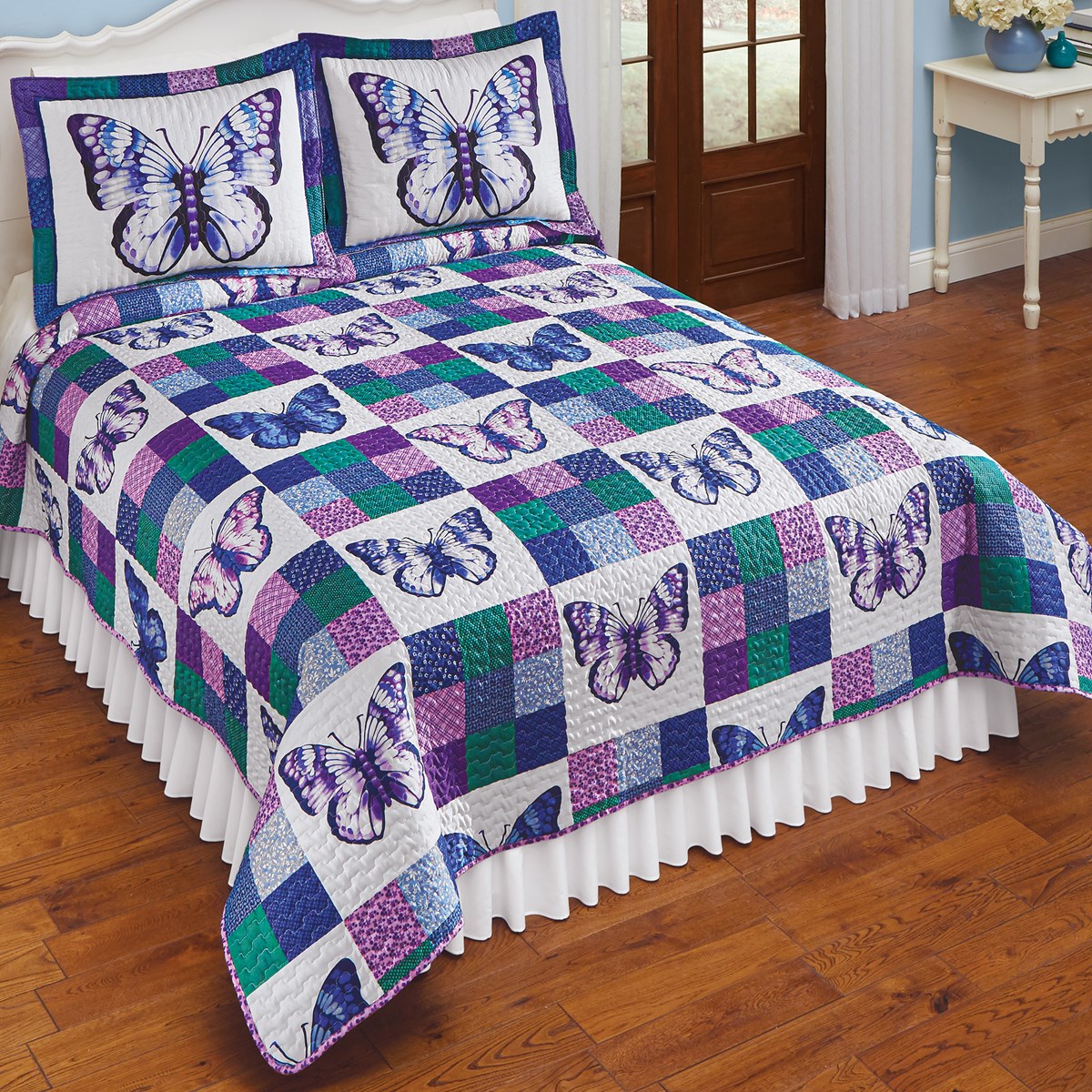 Blue & Lavender Butterfly Print Patchwork Quilt | Collections Etc.
