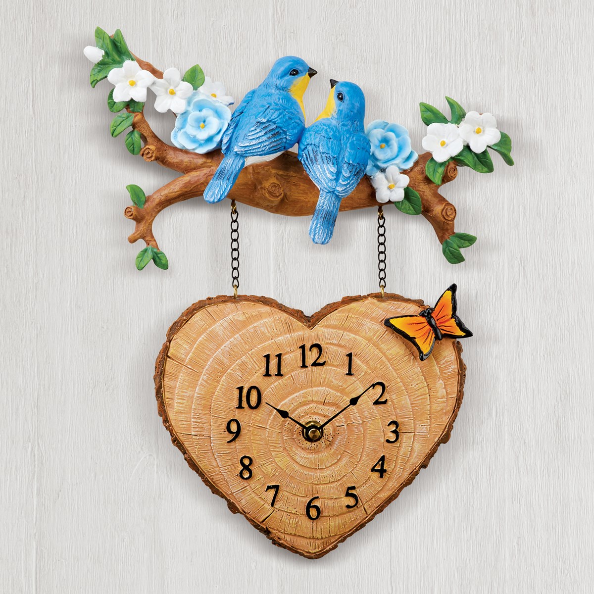 Blue Love Birds Wood Heart-Shaped Analog Wall Clock | Collections Etc.