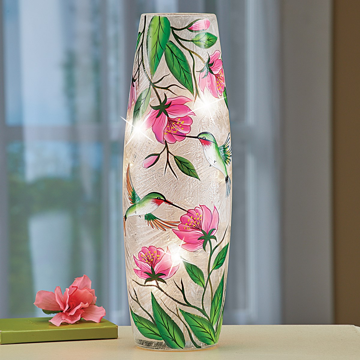 Led Lighted Hummingbird Crackled Glass Hurricane Lamp Collections Etc