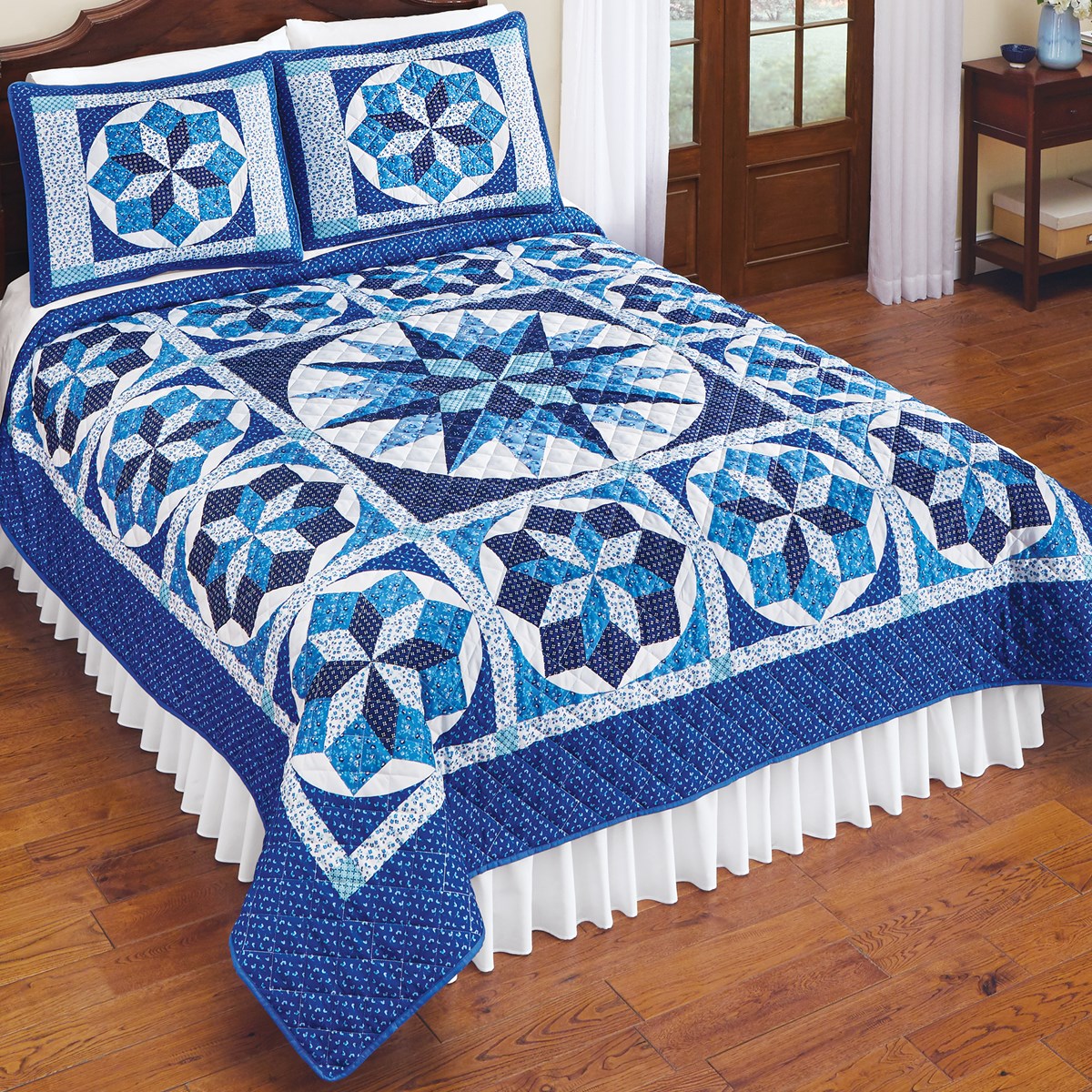 Classic Blue & White Star Pattern Medallion Quilt | Collections Etc.