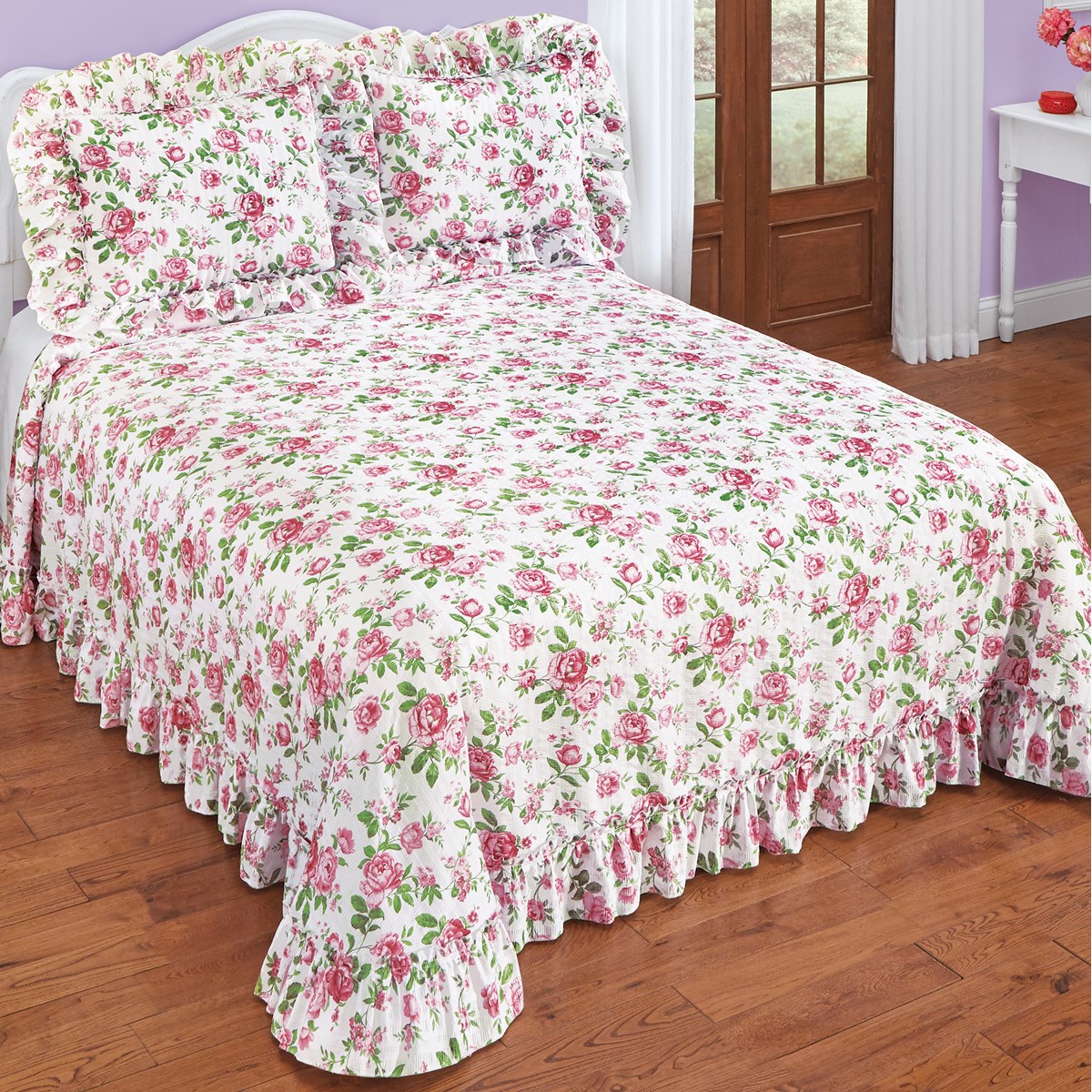 Blooming Pink Garden Roses Margaux Plisse Bedspread | Collections Etc.