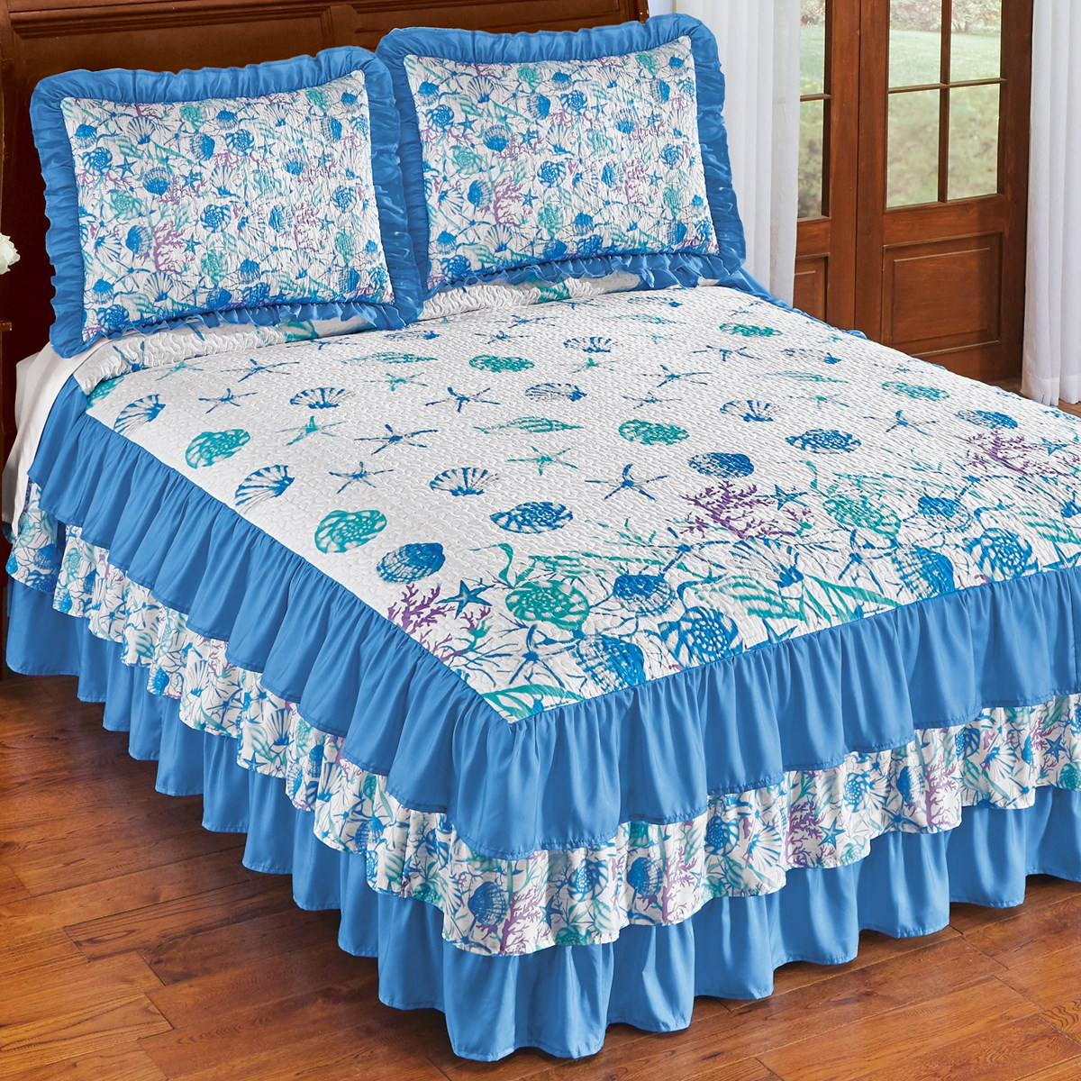 Coastal Garland Light Blue Ruffle Tiered Bedspread | Collections Etc.