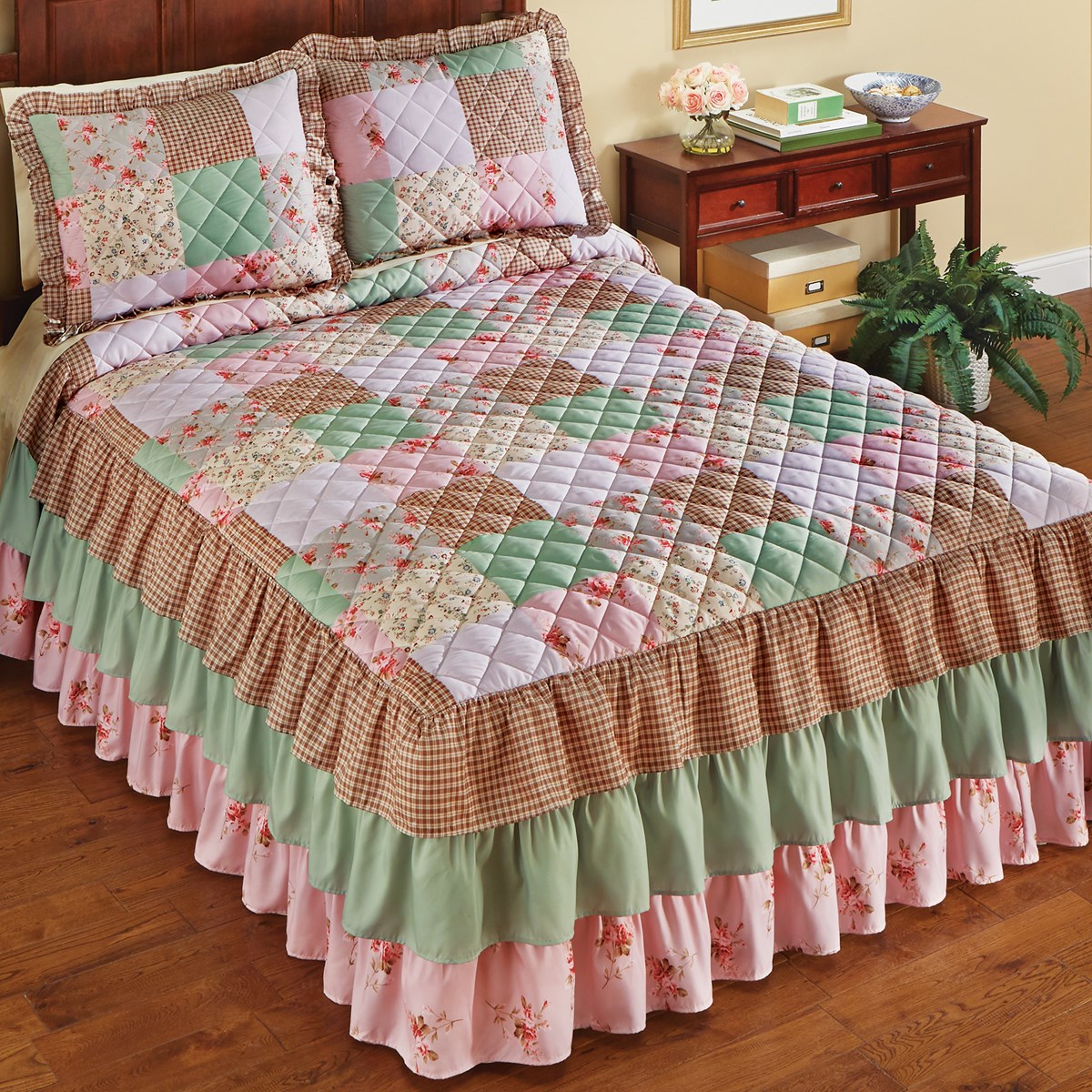 Elegant Floral Patchwork Quilted Ruffled Bedspread | Collections Etc.