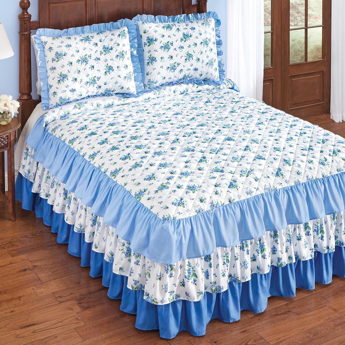 Rose Floral Print Blue Flower Triple Ruffled Bedspread | Collections Etc.