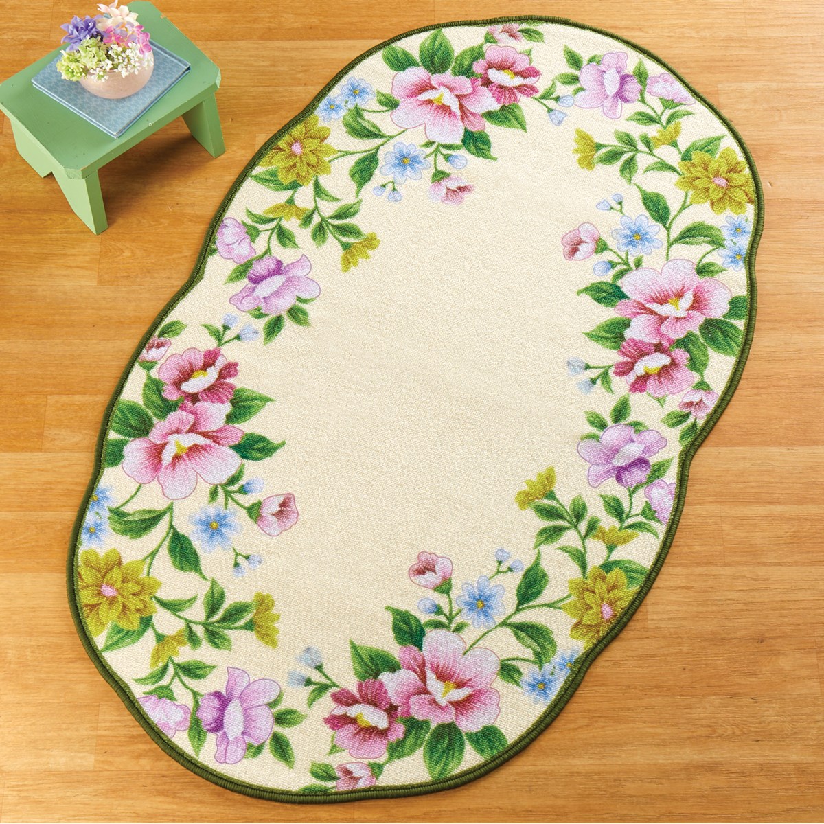 Colorful Floral Scalloped Ivory Soft Tufted Oval Rug | Collections Etc.