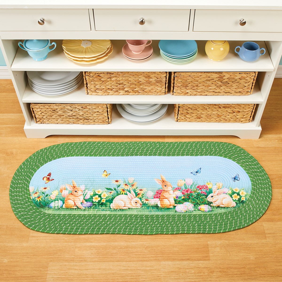 Colorful Braided Springtime Bunny Scene Runner Rug | Collections Etc.