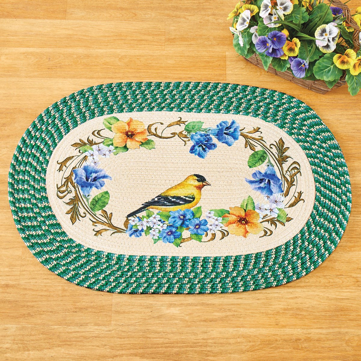 Spring Goldfinch Bird on Wreath Braided Accent Rug | Collections Etc.