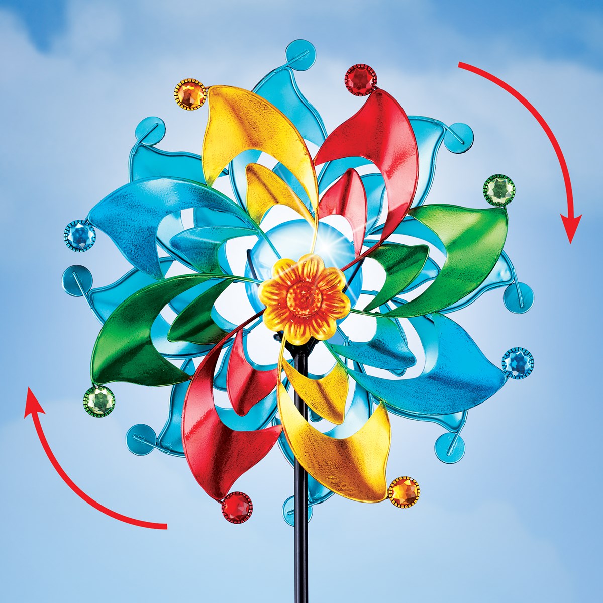 Solar Powered Colorful Double Wind Spinner Yard Stakes | Collections Etc.