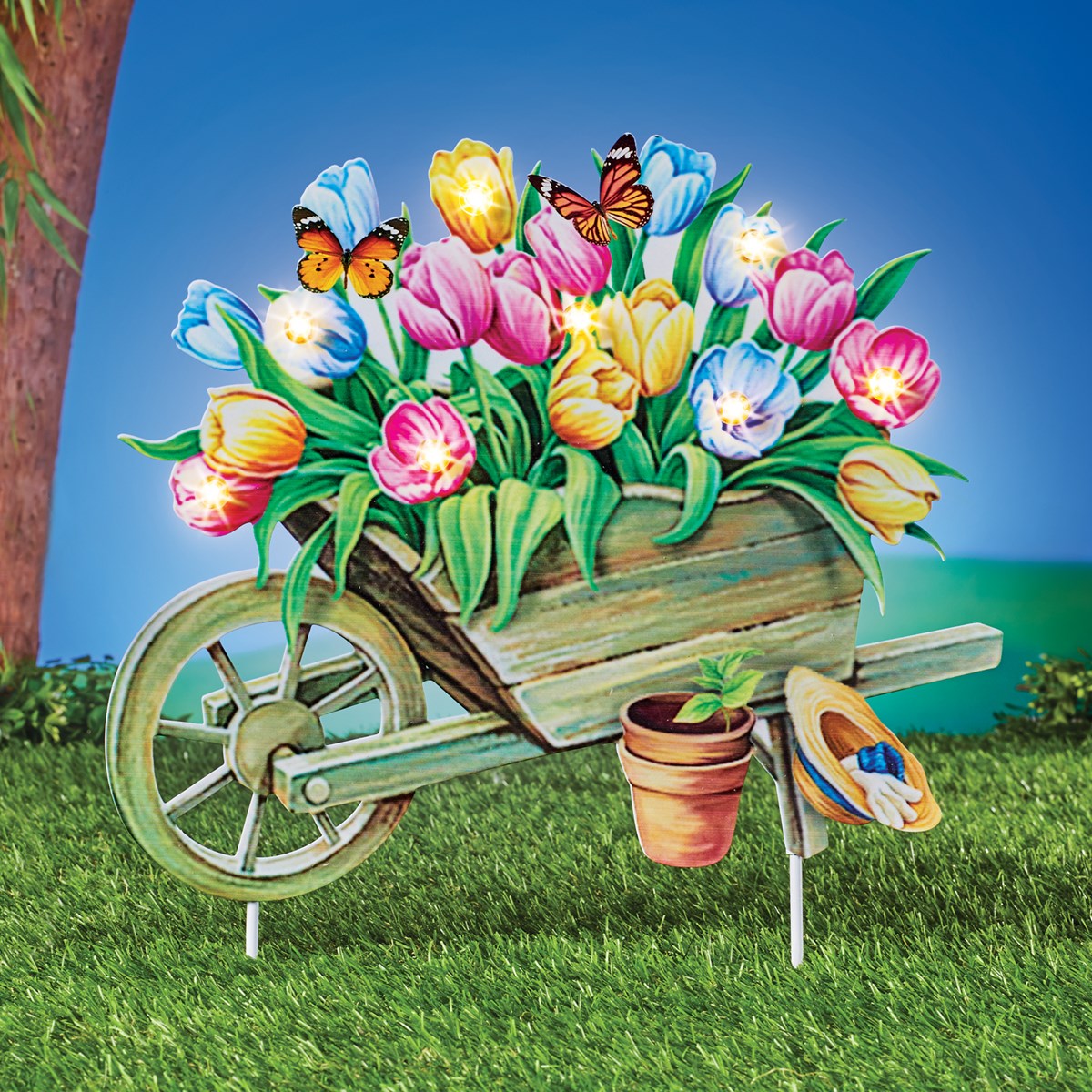 Solar Powered LED Lighted Metal Wheelbarrow Yard Stake | Collections Etc.