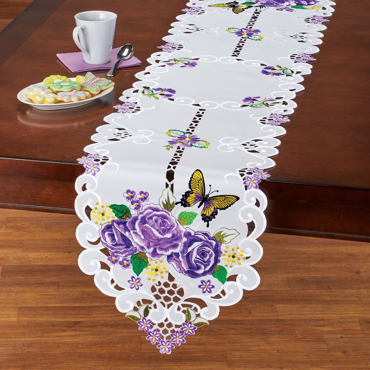 Embroidered Bella Lavender Roses & Butterflies Table Linens ...