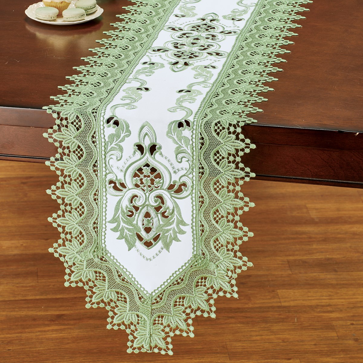 Sage Green Floral Leaf Scroll Lace Table Linens | Collections Etc.