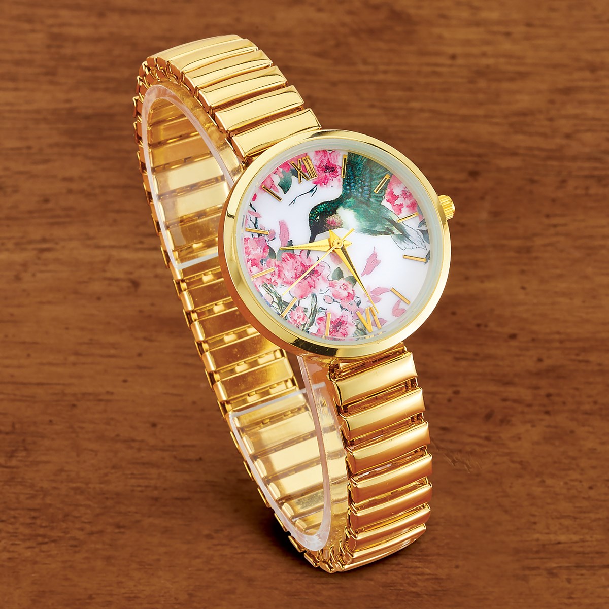 Floral Hummingbird Gold-Toned Stretch Band Wrist Watch | Collections Etc.