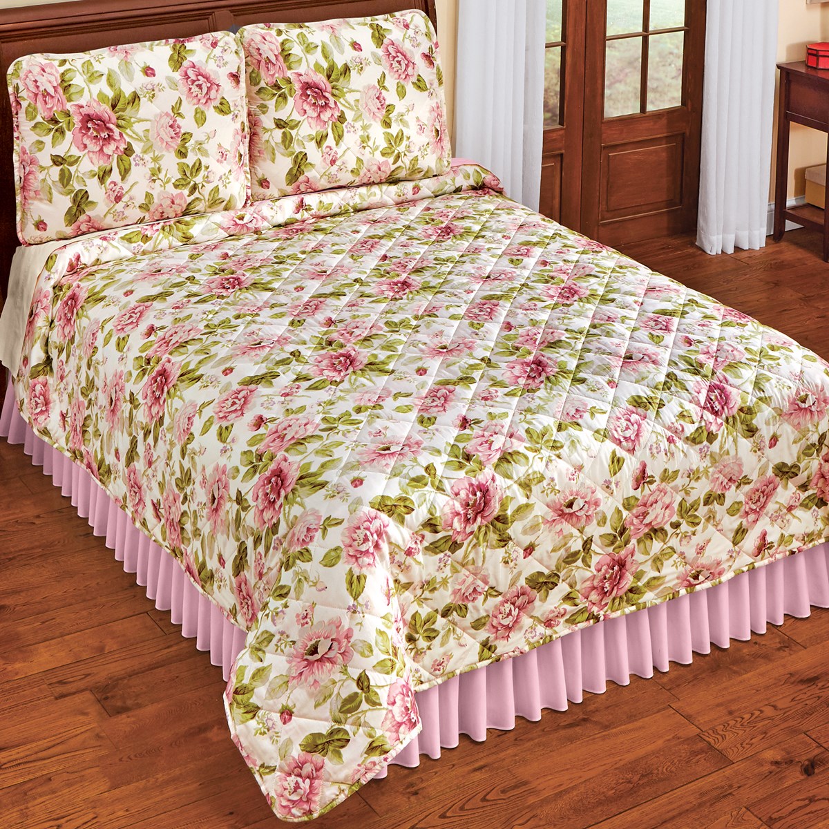 Reversible Pink Roses Polyester Contessa Quilt | Collections Etc.