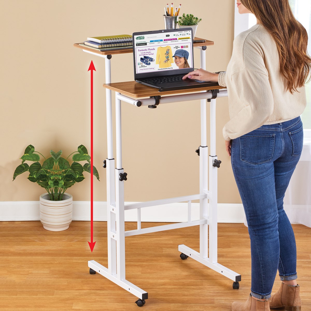 2-Tier Standing Adjustable-Height Office Rolling Desk | Collections Etc.
