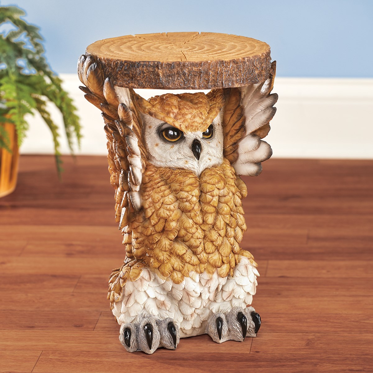 Hand-Painted Brown Owl & Tabletop Log Accent Table | Collections Etc.