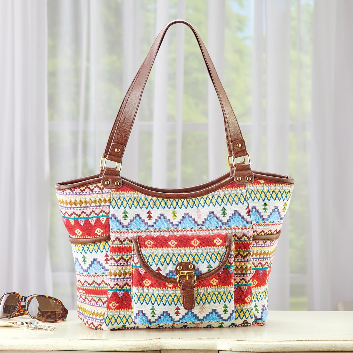 Aztec Patterned Tapestry Handbag with Gold-Toned Accents | Collections Etc.