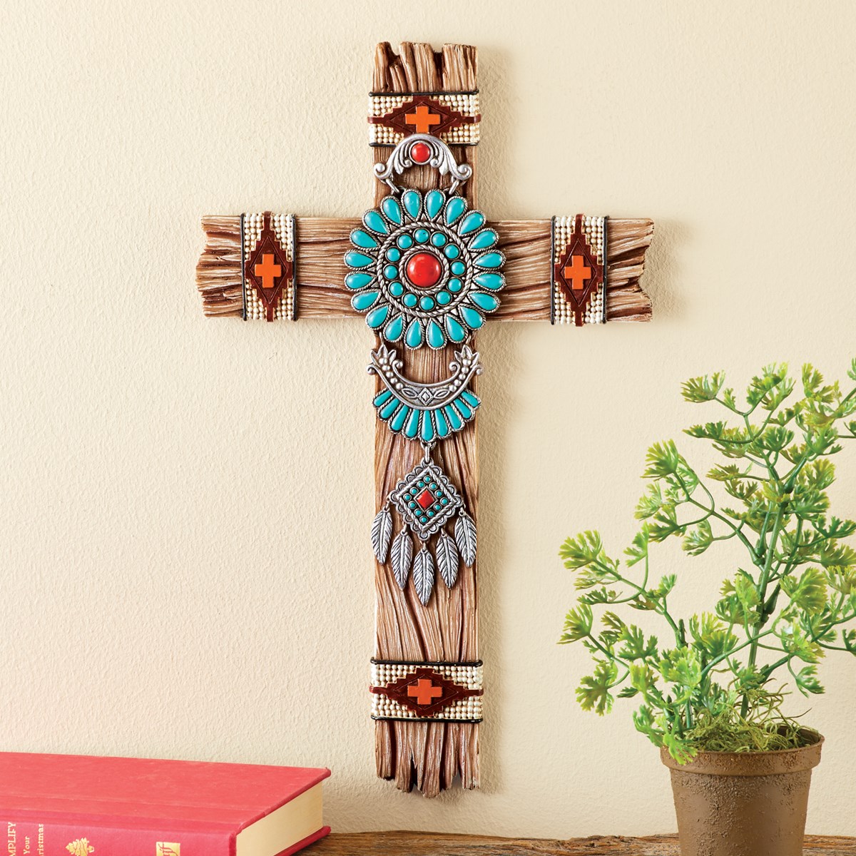 Elegant Hand-Painted Western Turquoise Wall Cross Decor | Collections Etc.