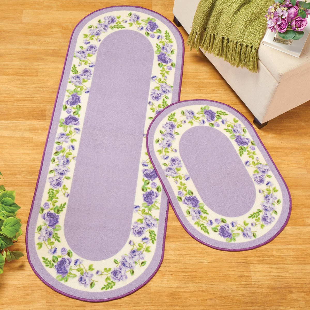 Oval Floral Ivory Border Skid-Resistant Accent Rug | Collections Etc.