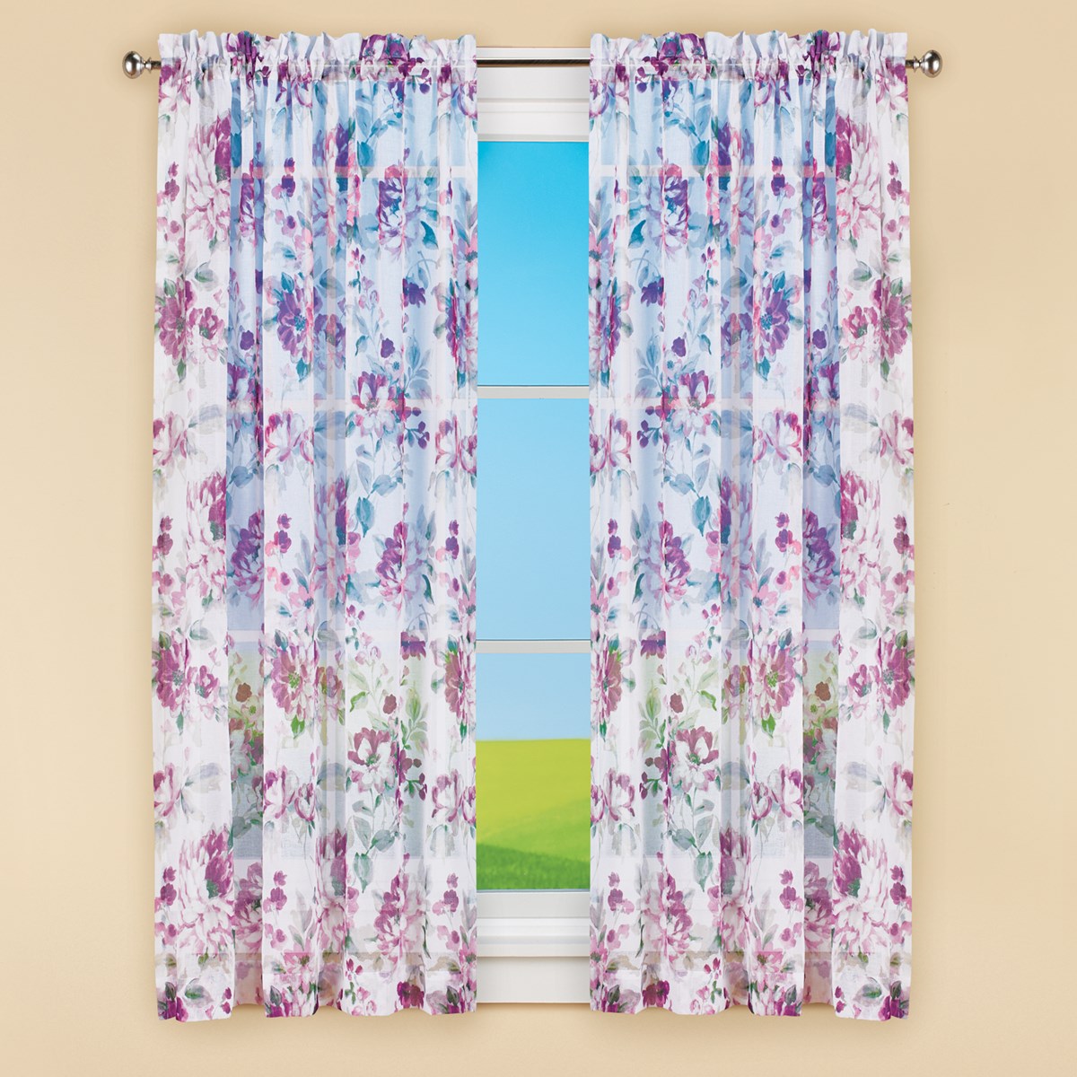Floral Sheer Fabric Rod Pocket Top Window Panel | Collections Etc.