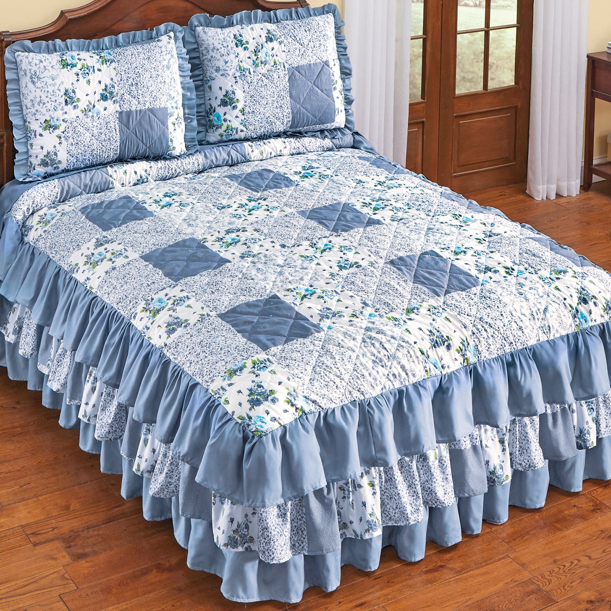 Hadley Triple Ruffle Floral Pattern Quilted Bedspread | Collections Etc.