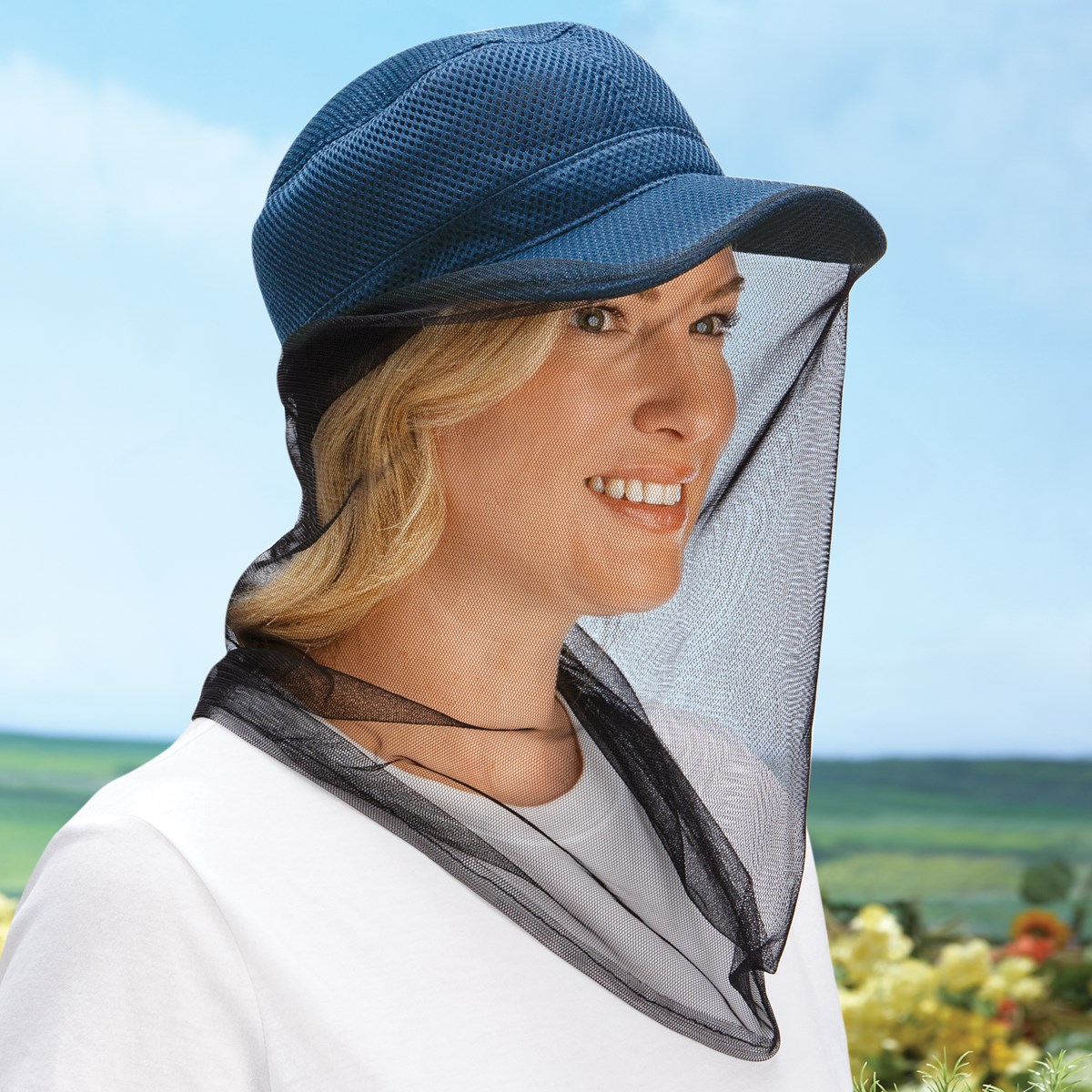 Adjustable Black Mesh Brimmed Hat with Netting | Collections Etc.