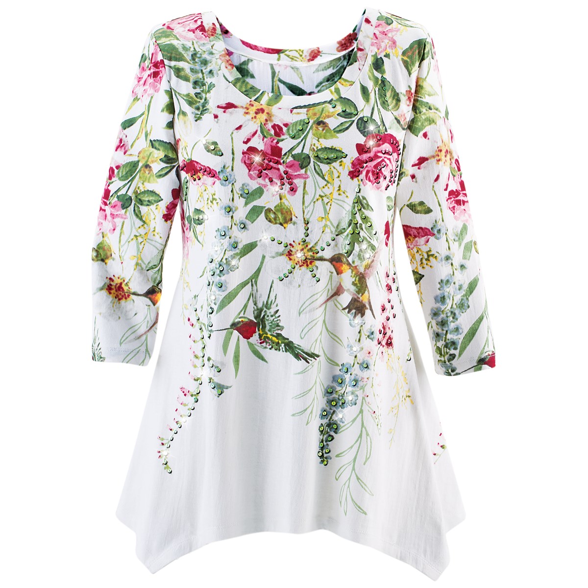 Sparkling Floral Cascade Cotton Sharkbite Tunic Top | Collections Etc.