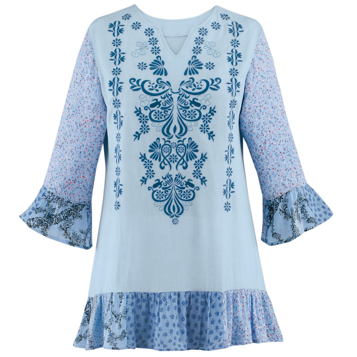Embroidered Mixed Print Three Quarter Sleeve Ruffle Tunic | Collections ...