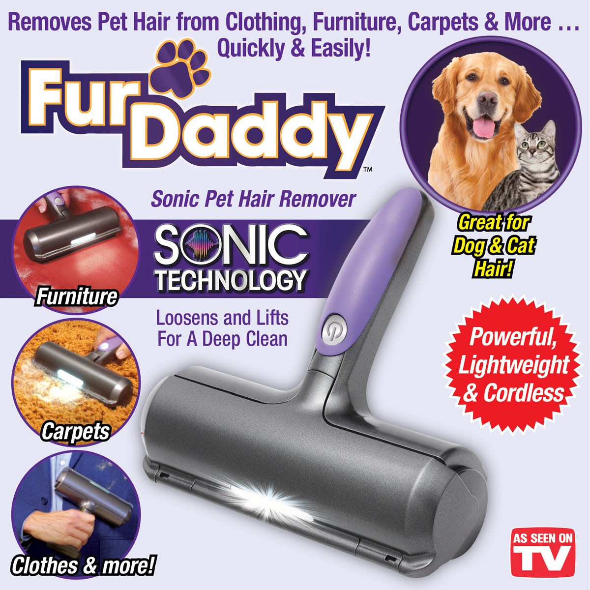 FurDaddy Lightweight & Cordless Sonic Pet Hair Remover | Collections Etc.