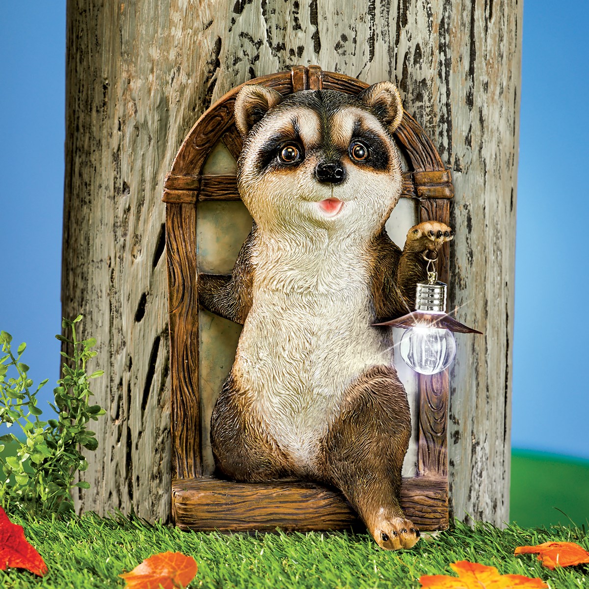 Hand-Painted Friendly Tree Raccoon with Lantern | Collections Etc.