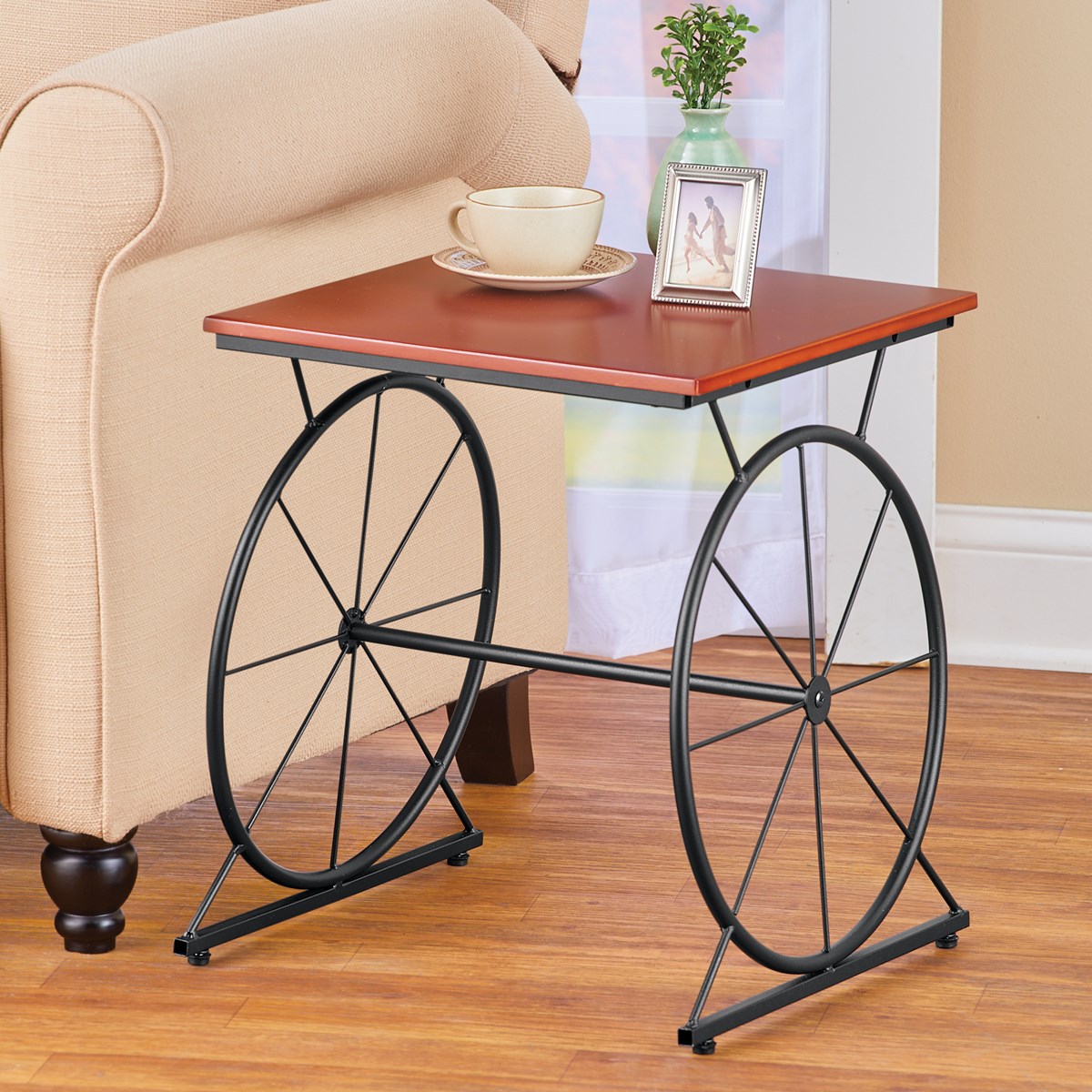 Rich-Stained Wood & Metal Base Wagon Wheel Side Table | Collections Etc.