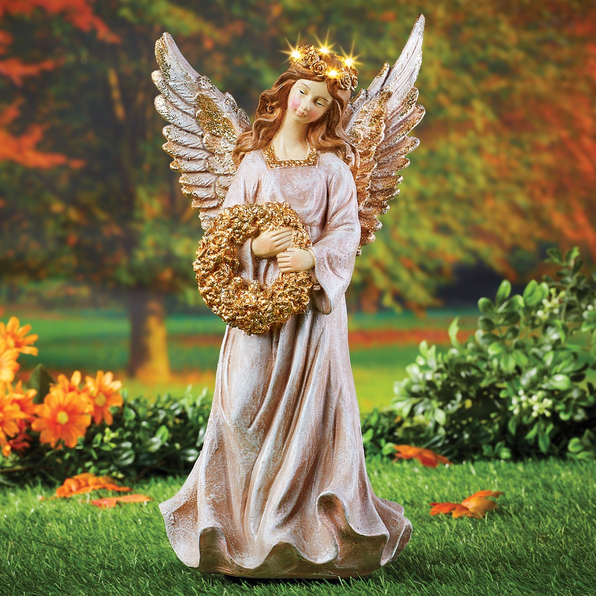 Hand-Painted Solar Powered Angel with Wreath Statue | Collections Etc.