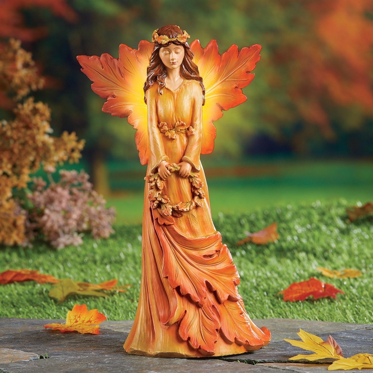 Solar Powered Autumn Leaf-Shaped Angel Lawn Statue | Collections Etc.