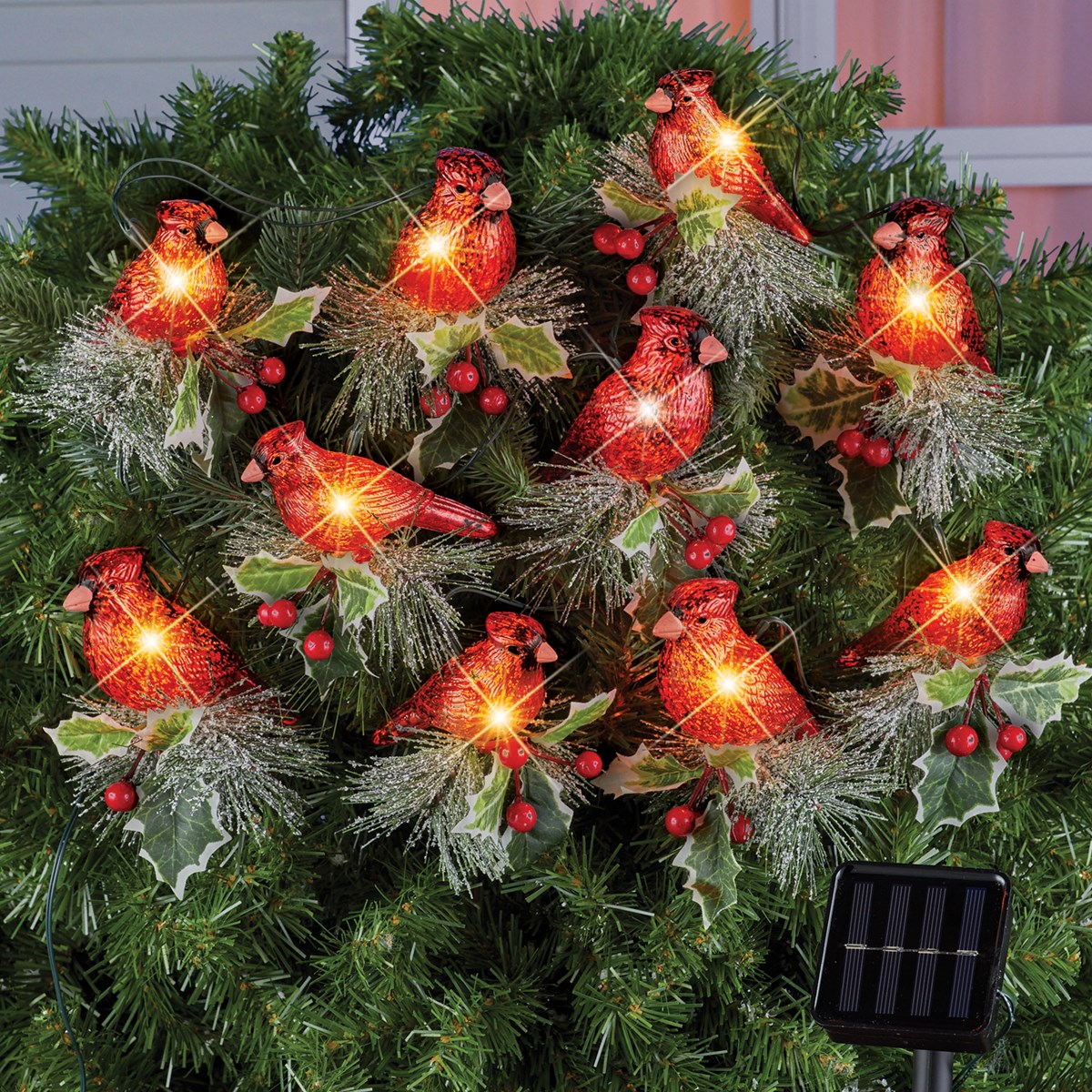 Solar Powered Metallic Cardinals & Snow Pines Light String ...