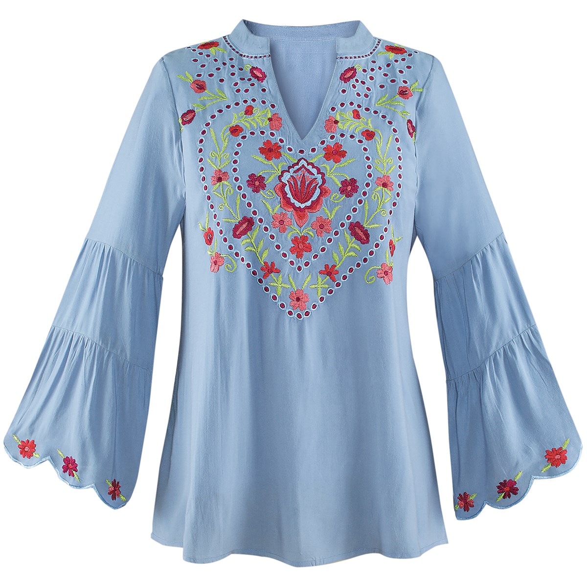 Feminine Embroidered Tunic Top with Long Tiered Bell Sleeves ...