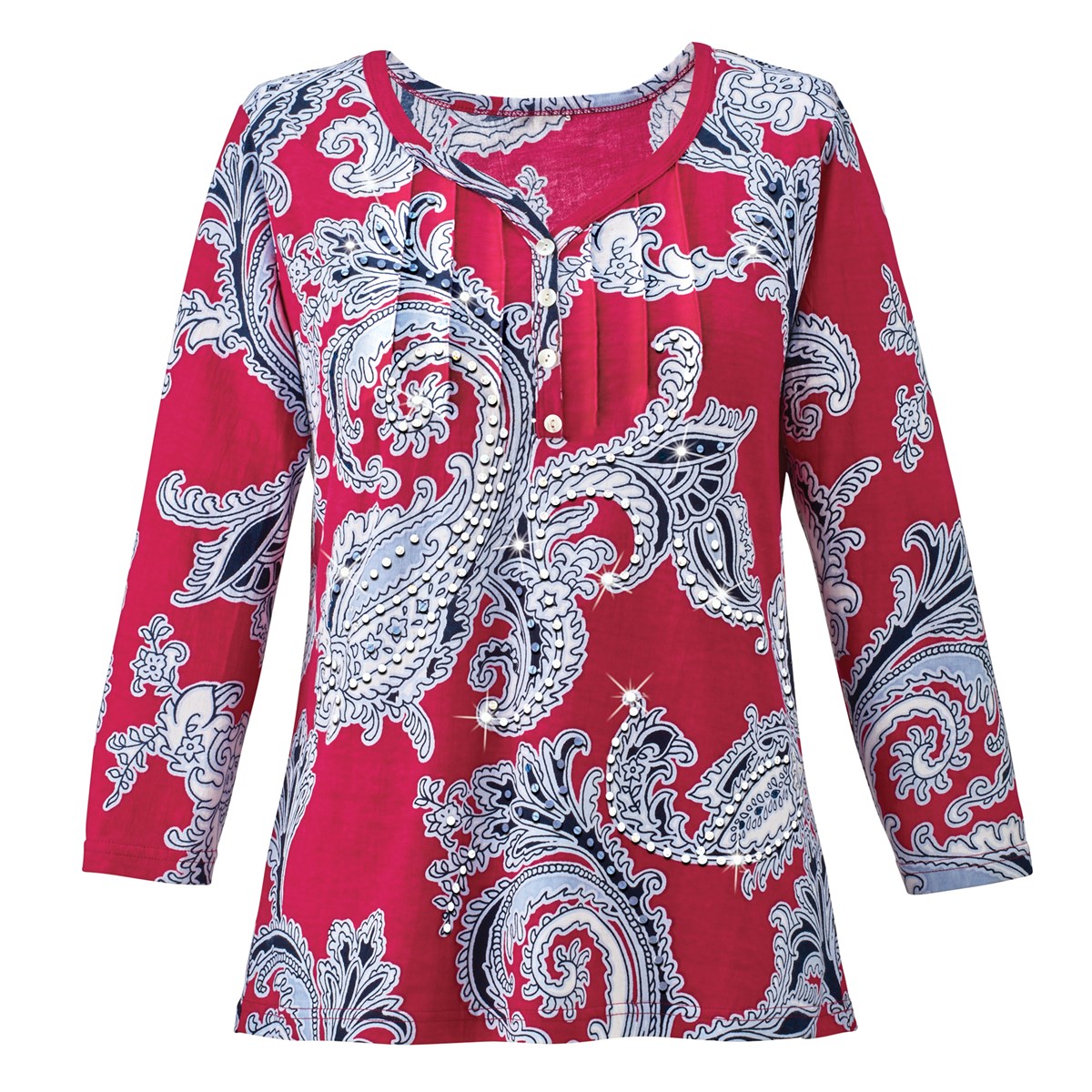 Sparkling, Colorful Paisley Pintuck Knit Button-Down Top | Collections Etc.