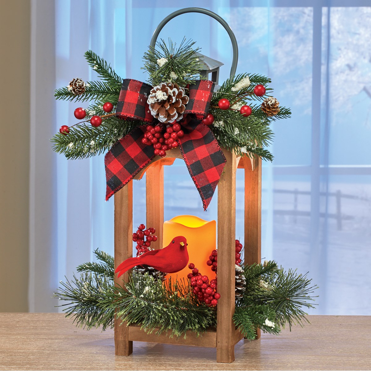 Flameless Holiday Cardinals & Frosted Pine LED Candle Lantern ...