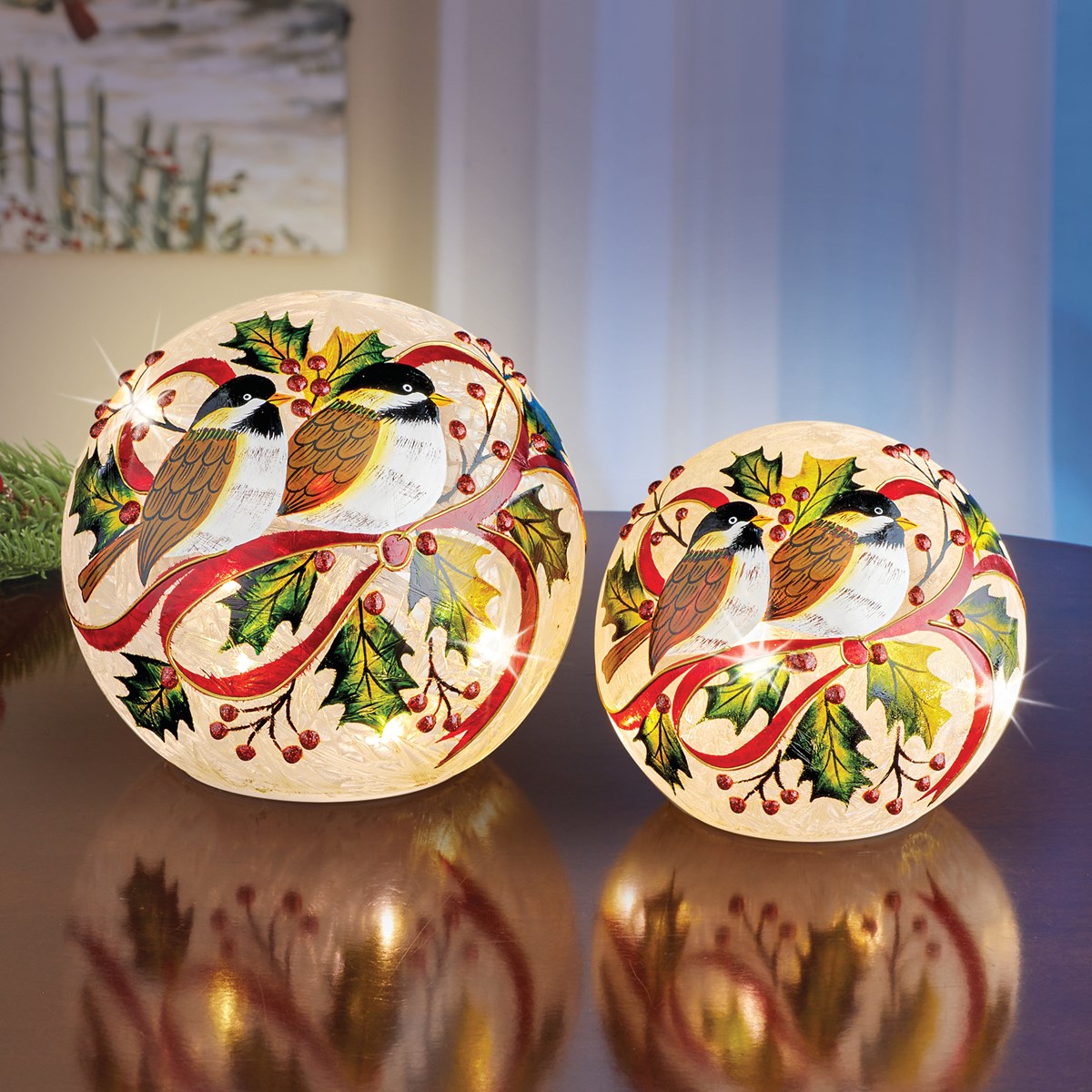 Lighted Holiday Chickadee Tabletop Crackled Glass Ball Decor