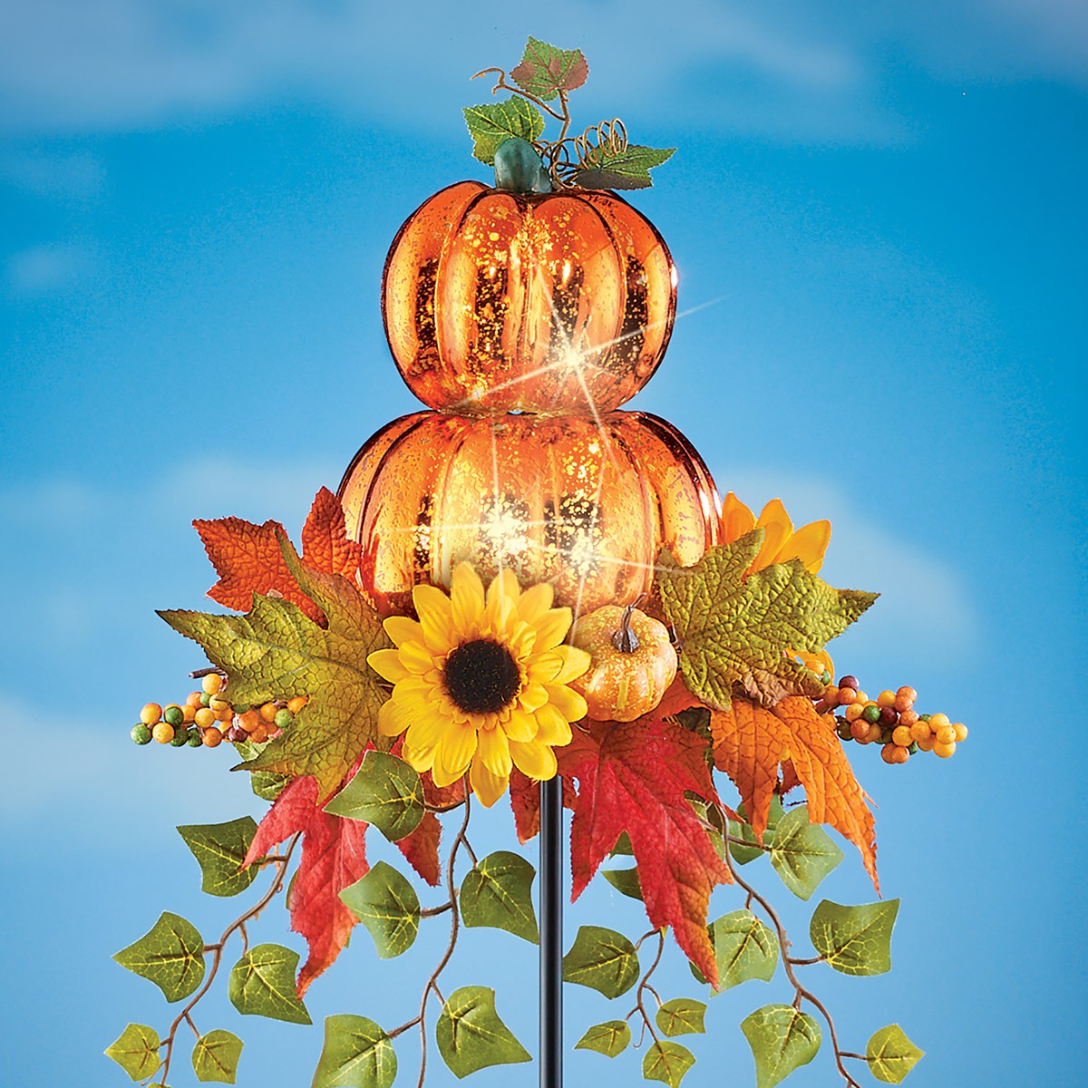 Solar Powered Pumpkin with Floral Garden Stake | Collections Etc.