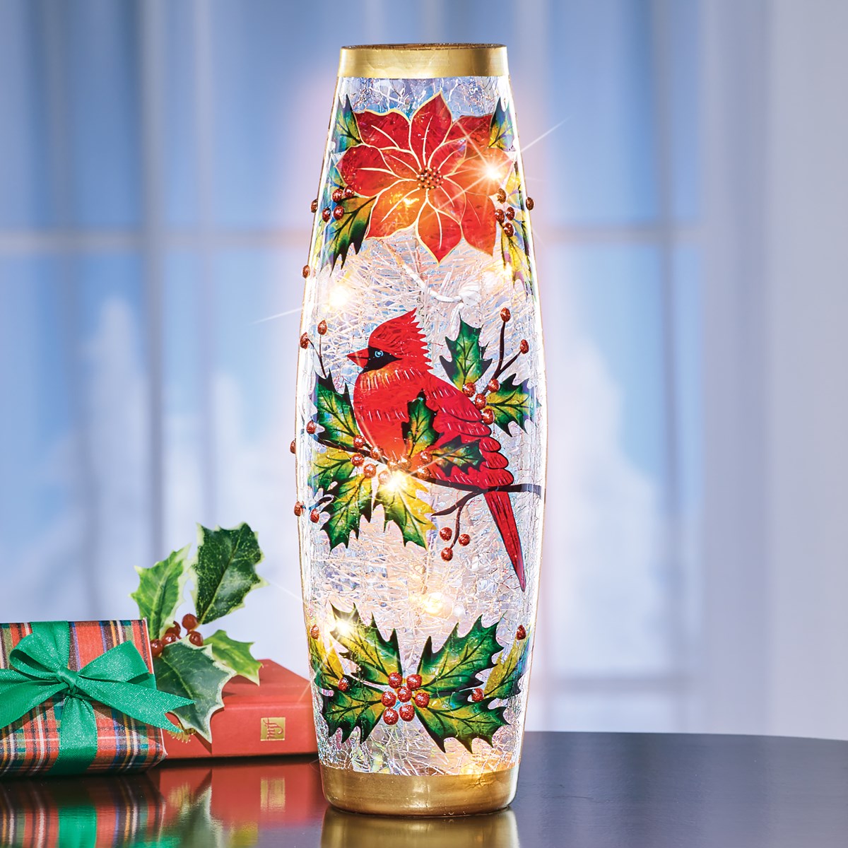 Hand-Painted Cardinal with Holly LED Glass Table Lamp | Collections Etc.